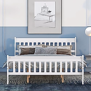 RIDFY Queen Platform Bed Frame with Headboard & Footboard, Wood Sleigh Bed Frame with Slats Support, No Box Spring Needed, Noise Free, Easy Assembly (White)