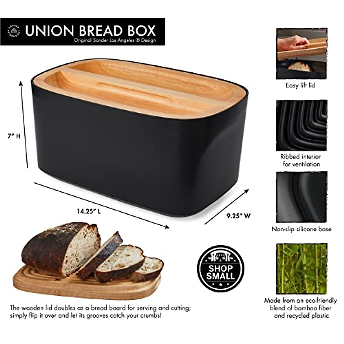 Sonder Los Angeles, Modern Bamboo Fiber (Black) Bread Box for Kitchen Countertop with Reversible Wood Serving Lid, Homemade Bread Storage 14.25 x 9.25 x 7in, Storage Bin and Bread Container
