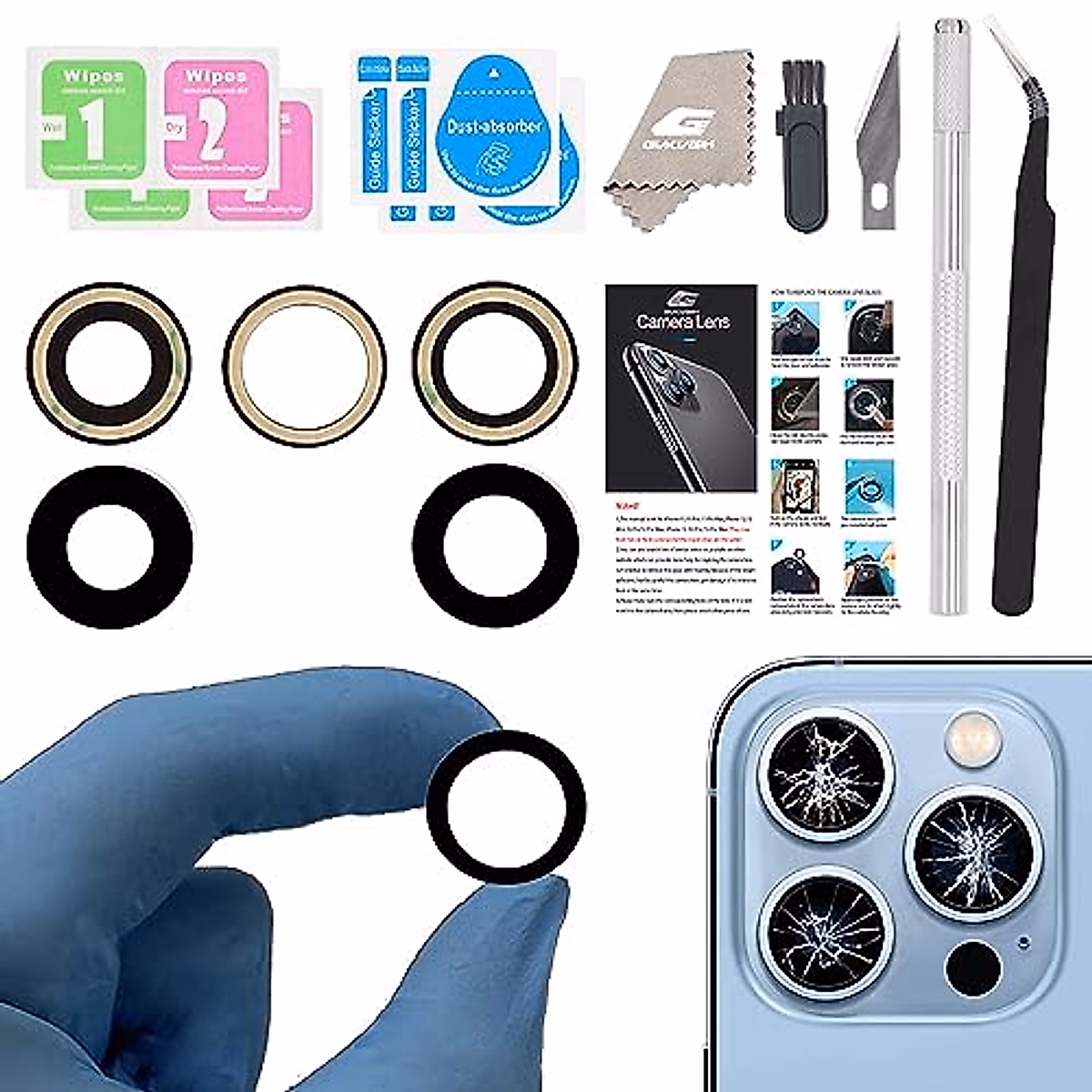 GVKVGIH Camera Lens Covers Replacement for iPhone 13 Pro & 13Pro Max Back Camera Len Glass Replacement with Double-sided Adhesive & Repair Tool Kit (For 13Pro/13Pro Max)