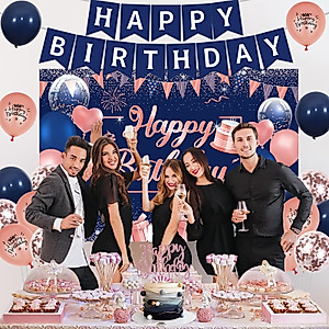 Navy Rose Gold Birthday Decorations Set for Women Girl Happy Birthday Decoration Banner Backdrop Balloon Cake Topper for 16th 18th 21st 50th 60th Birthday Party Supplies