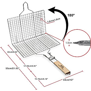 G.a HOMEFAVOR BBQ Fish Grill Basket Food Grade 18/8 304 Stainless Steel, Folding Portable Oak Handle, for Grilling Fish Vegetables Shrimp Meat Steak (Silicone Brush+Pouch+3x12inch Skewers)