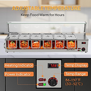ROVSUN 48QT Electric Commercial Food Warmer, 6-Pan Steam Table 8QT/Pan Stainless Steel Bain Marie Countertop w/Acrylic Shield Temperature Control & Lid for Buffet Party Catering Restaurant 1500W 110V
