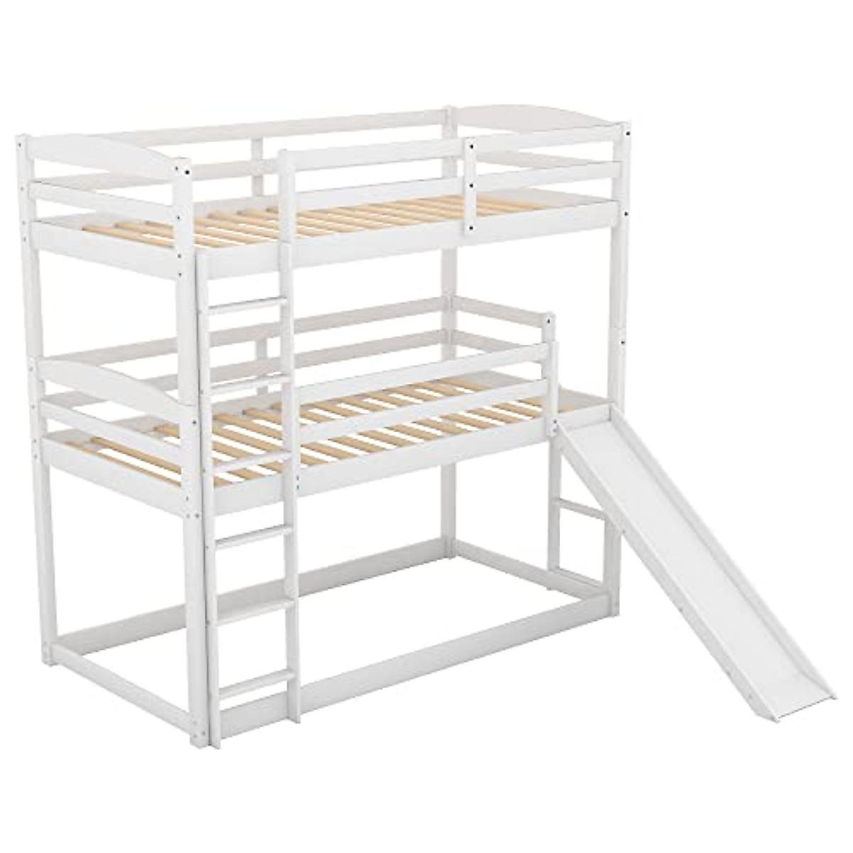 KoiHome Twin Over Twin Over Twin Adjustable Triple Bunk Bed with Slide & Two Ladders, Full-Length Guardrail & Solid Slat Support, Space-Saving for Kids Teens Bedroom, No Box Spring Needed, White