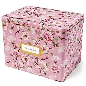 Jot & Mark Greeting Card Organizer Tin Box with Dividers, Cards, and Envelopes (Magnolia)