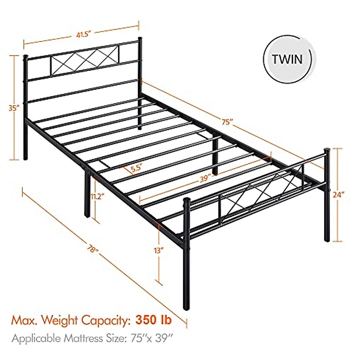 Yaheetech Black Twin Metal Platform Bed Frame Mattress Foundation with Headboard and Footboard Under Bed Storage Steel Slats No Box Spring Needed 2Pcs