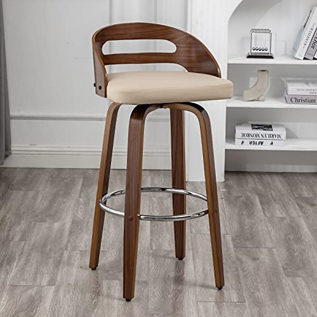 Bar Stools Set of 2, Swivel Bar Height Stools with Walnut Bentwood, Low Back, Upholstered Faux Leather, Soft Cushion Seat, Mid Century Bar Stools for Kitchen/Island/Counter (Beige, 25" Seat Height)