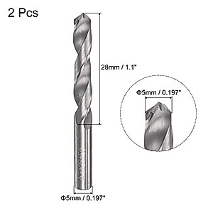 uxcell Solid Carbide Drill Bits, 5mm C2/K20 Tungsten Carbide Jobber Drill Bits Straight Shank Drilling Tool for Stainless Steel Aluminum Iron Metal Plastic 2pcs