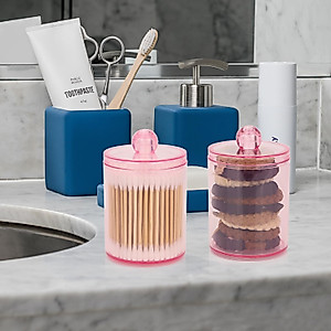 DAPOWER 2 Pack Qtip Holder Vanity Storage Canister for Cotton Ball Cotton Swab Pads Floss, 10-Ounce Clear Plastic Apothecary Jar with Lid, Bathroom Organizers and Storage (2)