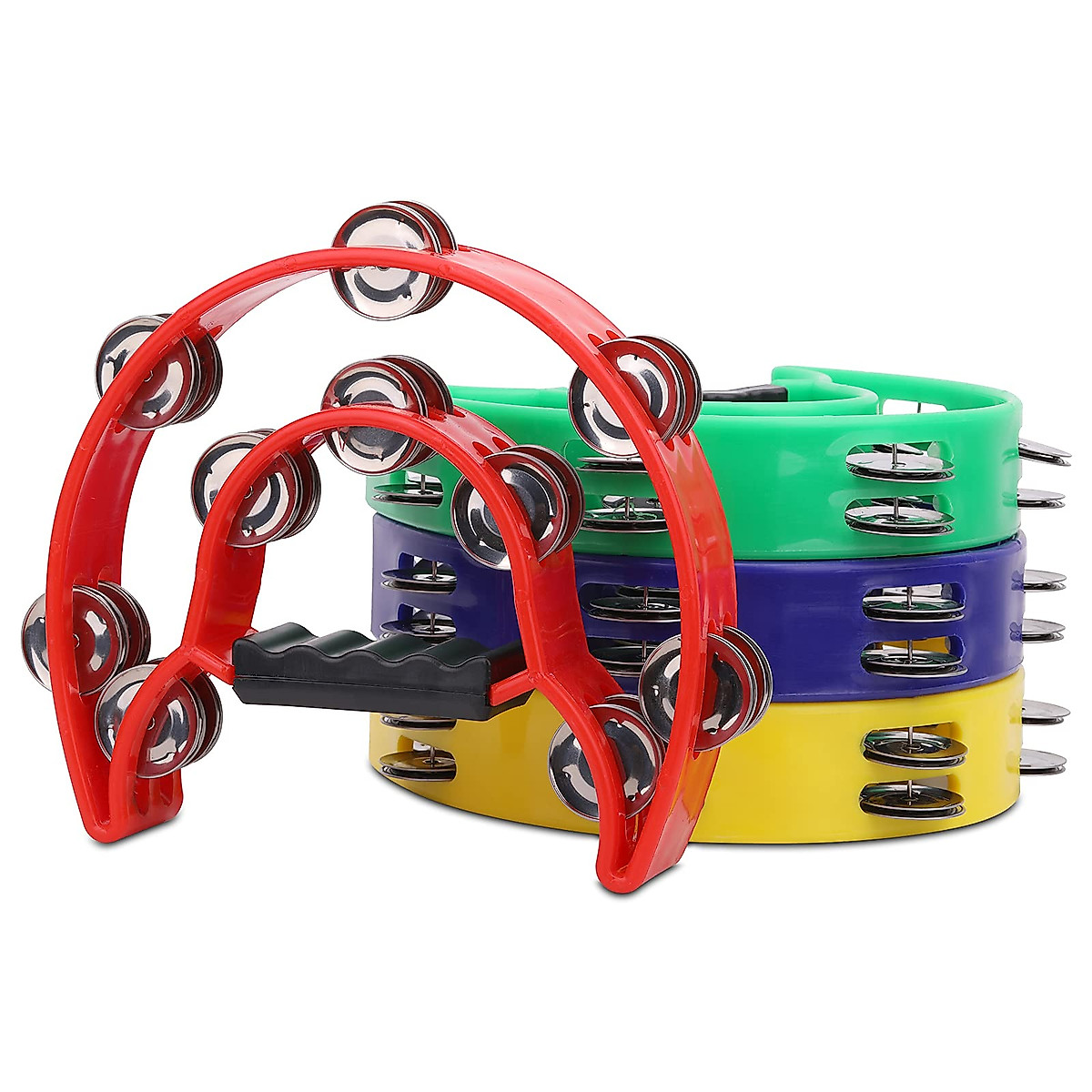 CEE 4 Pack 10 Double Row Tambourine, Half Moon Musical Tambourine 20 Metal Jingles Hand Held Percussion Drum, Panderos Para Adultos, Plastic Tambourines for Adults, Church, KTV, Party, Multicolored