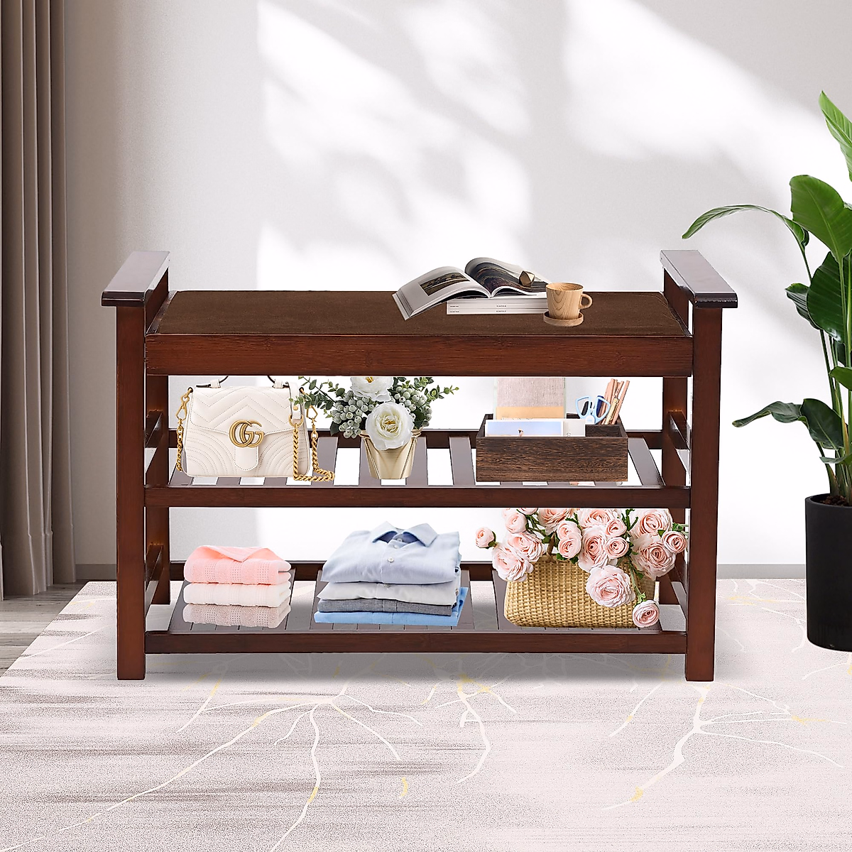 Livebest 3-Tier Bamboo Shoe Rack, Shoe Rack Bench,Small Shoe Rack for Entryway Bathroom Living Room Bedroom 19-inch