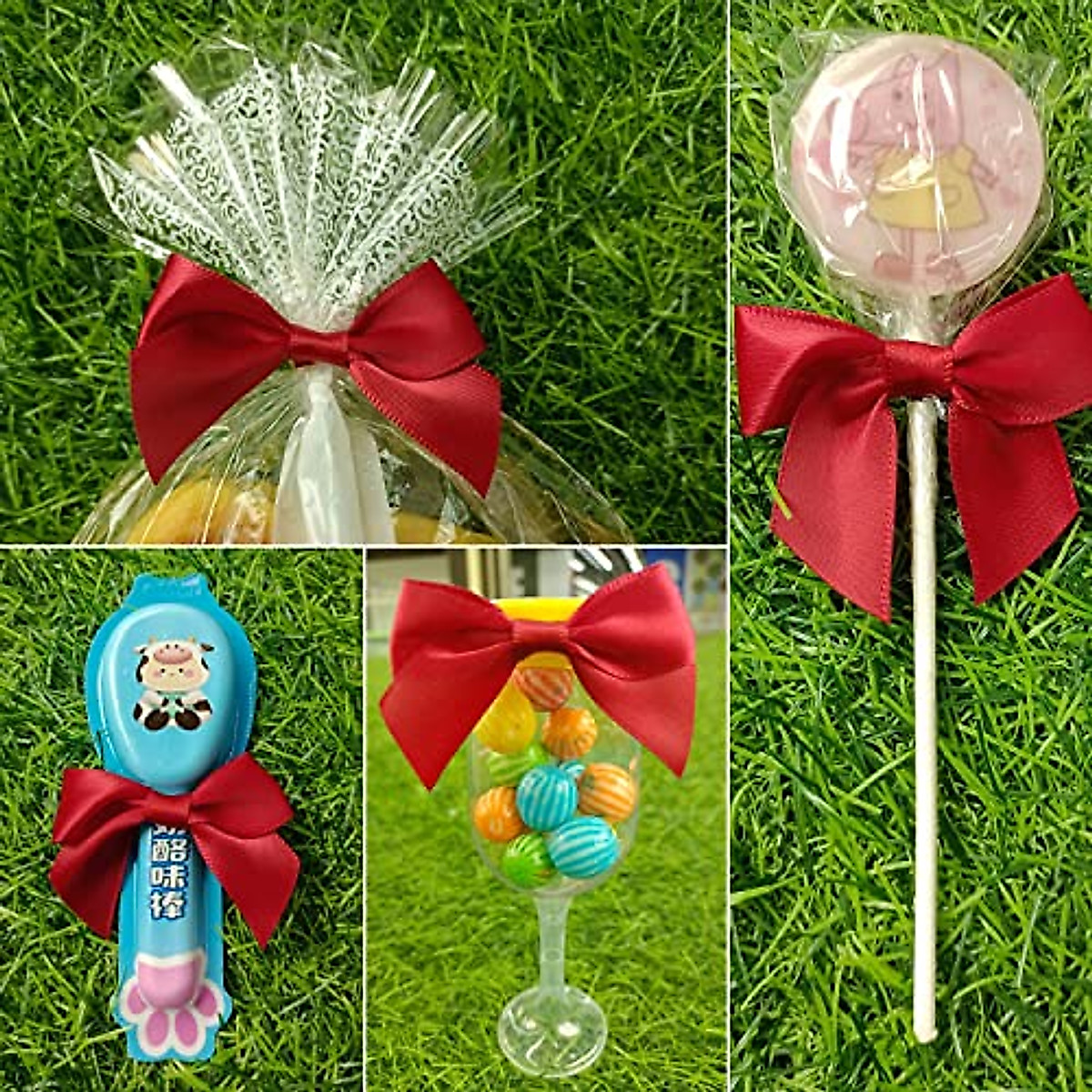 AKLVBL 25 Pack Set Satin Ribbon Bows Pretied Bows with Sticky Gel Pads for Treat Bags, Gift Bags, Bakery Candy Bags and Package Decorating or Gift Decorating (Red)