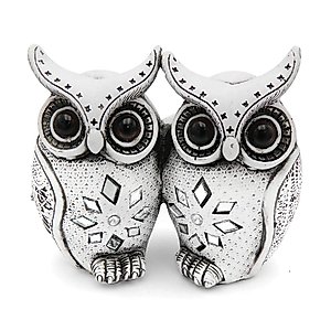 Rockin Owl Figurine Couple Set Cute Statue, Unique 2 White Owls Together - Nice Decoration for Home Office, White/Black