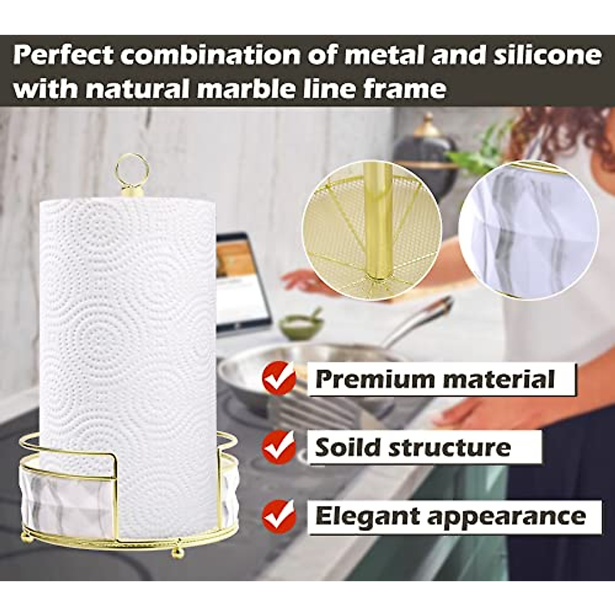 Koluti Paper Towel Holder Countertop, Farmhouse Kitchen Paper Roll Stand, Rustic Gold Metal Paper Towel Rack Organizer Storage for Dining Table, with Courtyard Fence, Marble Print Silicone Finish