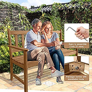 Outdoor Patio Bench Furniture Wooden Bench Wicker Bench Farmhouse Bench W/Backrest &Wide Armrest Natural Oiled for Park Yard Large Bench Garden Bench, (Natural