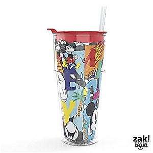 Zak Designs Disney Insulated Plastic Tumbler with Press-In Lid and Straw, Made with Durable and Non-BPA Material for Travel Cold Drinks (16 oz, Mickey Mouse)