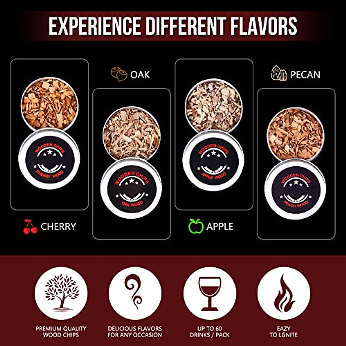 Cocktail Smoker Kit with Torch, Bourbon Whiskey Smoker Infuser Kit with 4 Flavors Wood Chips, Old Fashioned Drink Smoker Kit, Birthday Bourbon Whiskey Gifts for Men, Dad, Husband (Without Butane)