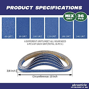3/8" x 13" Zirconia Sanding Belts for Metal, 3/8 x 13 Inch Zirconia Metal Grinding Sand Paper, 36 PCS 6 Each of 60/80/100/120/180/240 Assorted Grits
