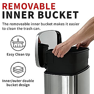 HCY Kitchen Trash Can Stainless Steel Metal Lid Step Can Garbage Can with Removable Plastic Inner Bucket Waste Bin for Office Kitchen Living Room Bathroom Bedroom 13 Gallon 50 Liter