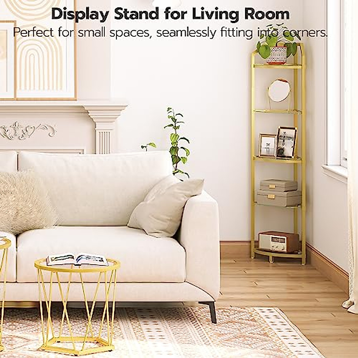 HOOBRO 5-Tier Corner Shelf Stand, Gold Corner Bookshelf, Tempered Glass Shelves, Corner Plant Stand, for Living Room, Bedroom, Study, Bathroom, Balcony, Modern Style, Gold GD14CJ01