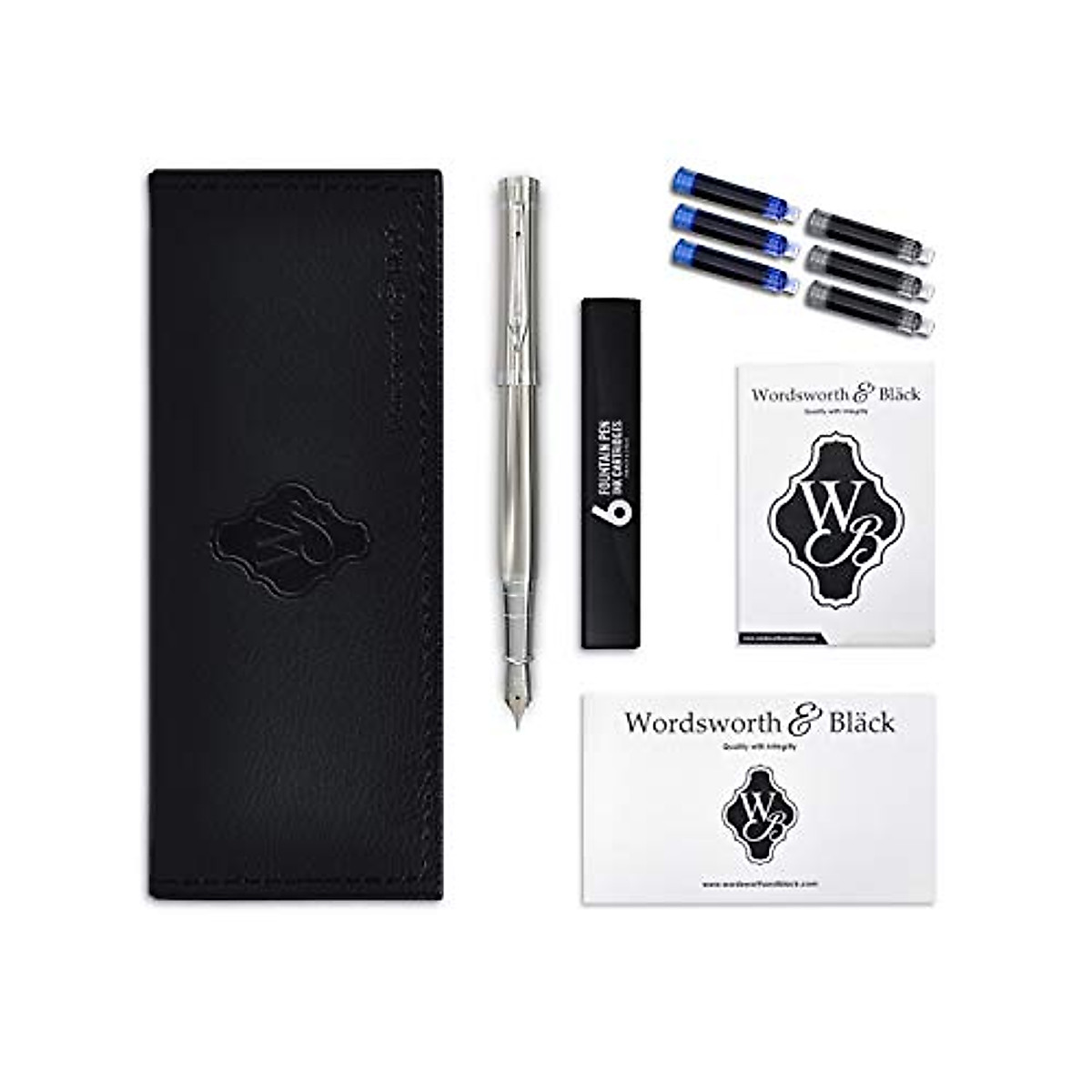 Wordsworth & Black Fountain Pen Set, Medium Nib, Includes 24 Ink Cartridges and Ink Refill Converter, Gift Case, Journaling, Calligraphy, Smooth Writing Pens [Silver Chrome] Perfect for Men and Women