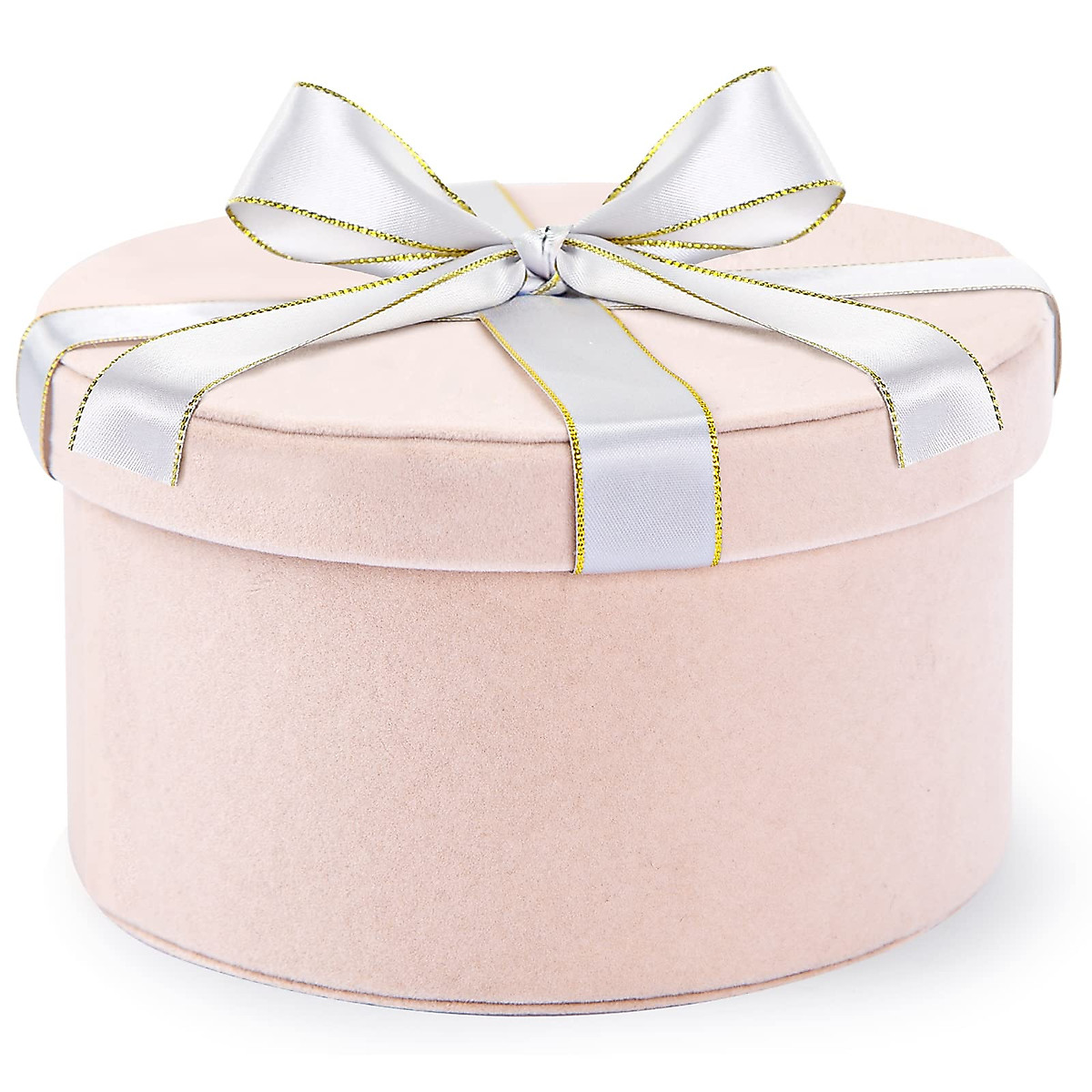 JOHOUSE 7" Pink Gift Box Surprise, Flannel Round Gift Box with Cover Ribbon and Raffia, Valentines Day Boxes