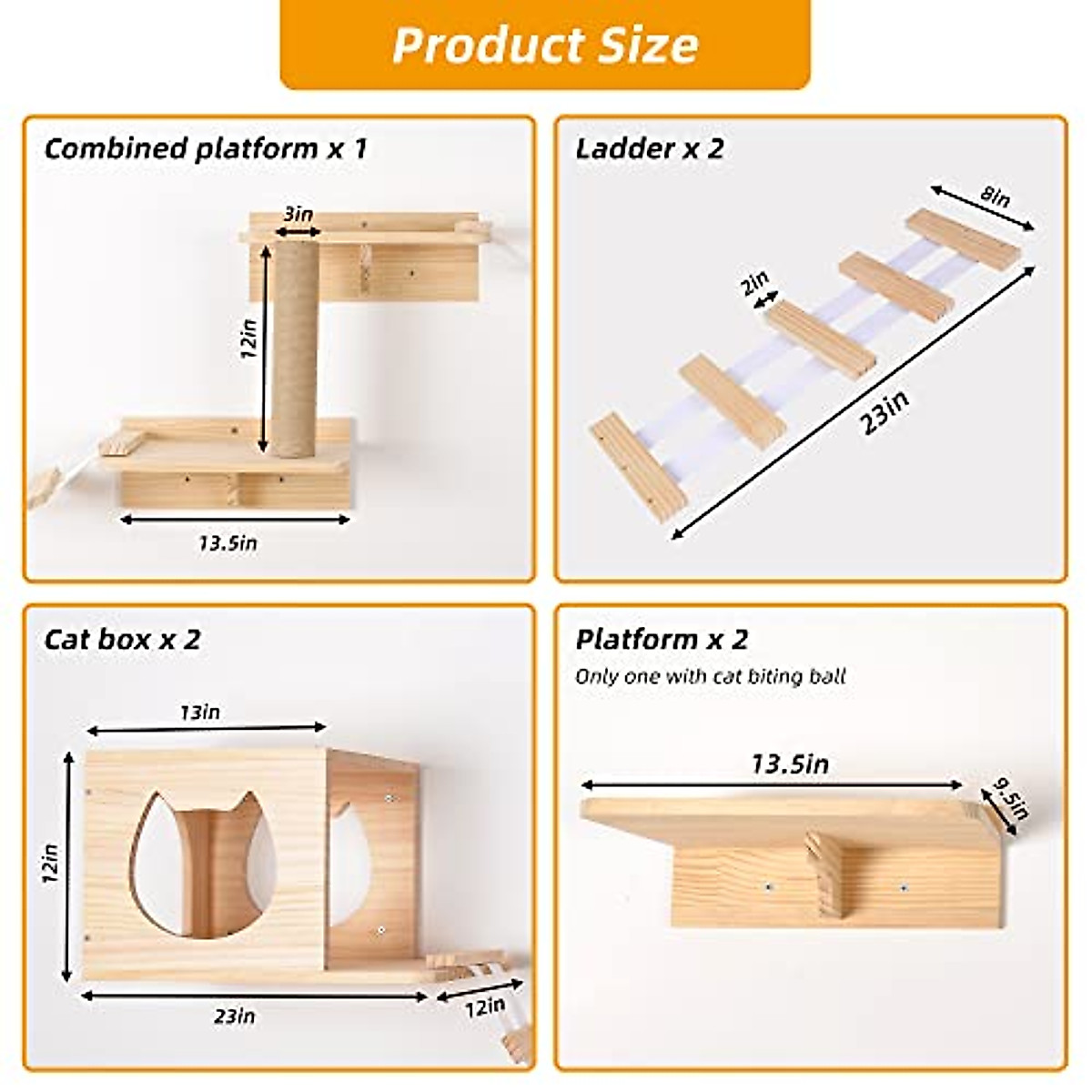 Cat Wall Shelves and Perches Set, Floating Cat Wood Climb Furniture, Cat Wall-Mounted Playing Climber, 2 Cat Houses & 4 Cat Shelves & 2 Ladders & 1 Cat Scratching Post