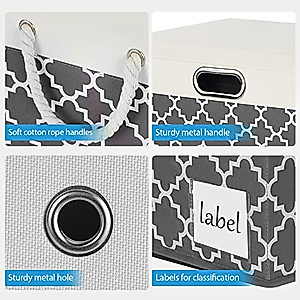 RVSNQ Large Storage Bins with Lids, Foldable Fabric Storage Baskets with Lids, Closet Storage Bins with Cotton Rope Handle and Label, Storage Boxes for Organizing Office, Shelf, Bedroom (3-Pack, Grey Quatrefoil)