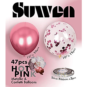SUWEN Metallic Hot Pink Balloons and Confetti Balloons Set 47PCS Latex Helium Chrome Magenta Balloon for Birthday Graduation Anniversary Party Decorations