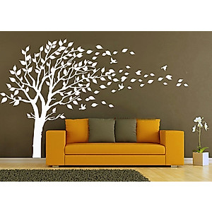 White Tree Wall Decals Leaves Blowing in The Wind Tree Wall Sticker Vinyl Art Kids Rooms Teen Girls Boys Wallpaper Murals Sticker Wall Stickers Nursery Decor Nursery Decals