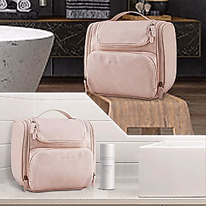 BAGSMART Hanging Toiletry Bag, Water-resistant Leather Dopp Kit, Large Travel Organizer for Full Sized Container, Nude Pink