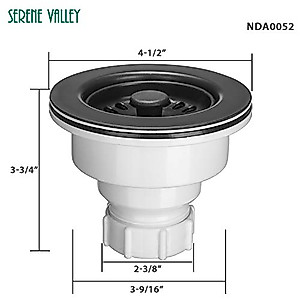 Serene Valley 3-1/2 inch Kitchen Sink Strainer Assembly with Stopper for Matching Color of Granite or Fireclay Sinks (Black)