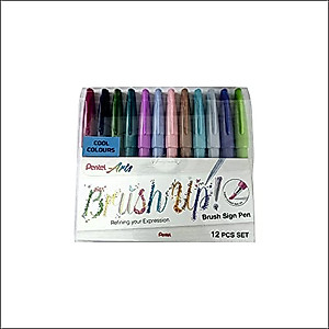 Pentel Arts Sign Pen Touch, Fude Brush Tip, 12 Assorted Colors in Marker Stand (SES15CPC12)