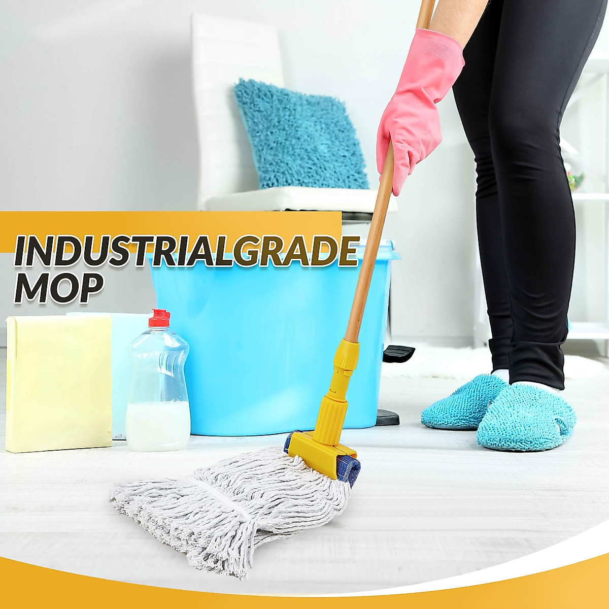 Suzile 6 Pcs Commercial Wooden Mop Industrial Cotton Mop Heads Replacement Wet Floor Cleaning Mop Include 2 Pcs 60" Long Mop Handle with Jaw Clamp 4 Pcs Interchangeable Mop Head for Home Office