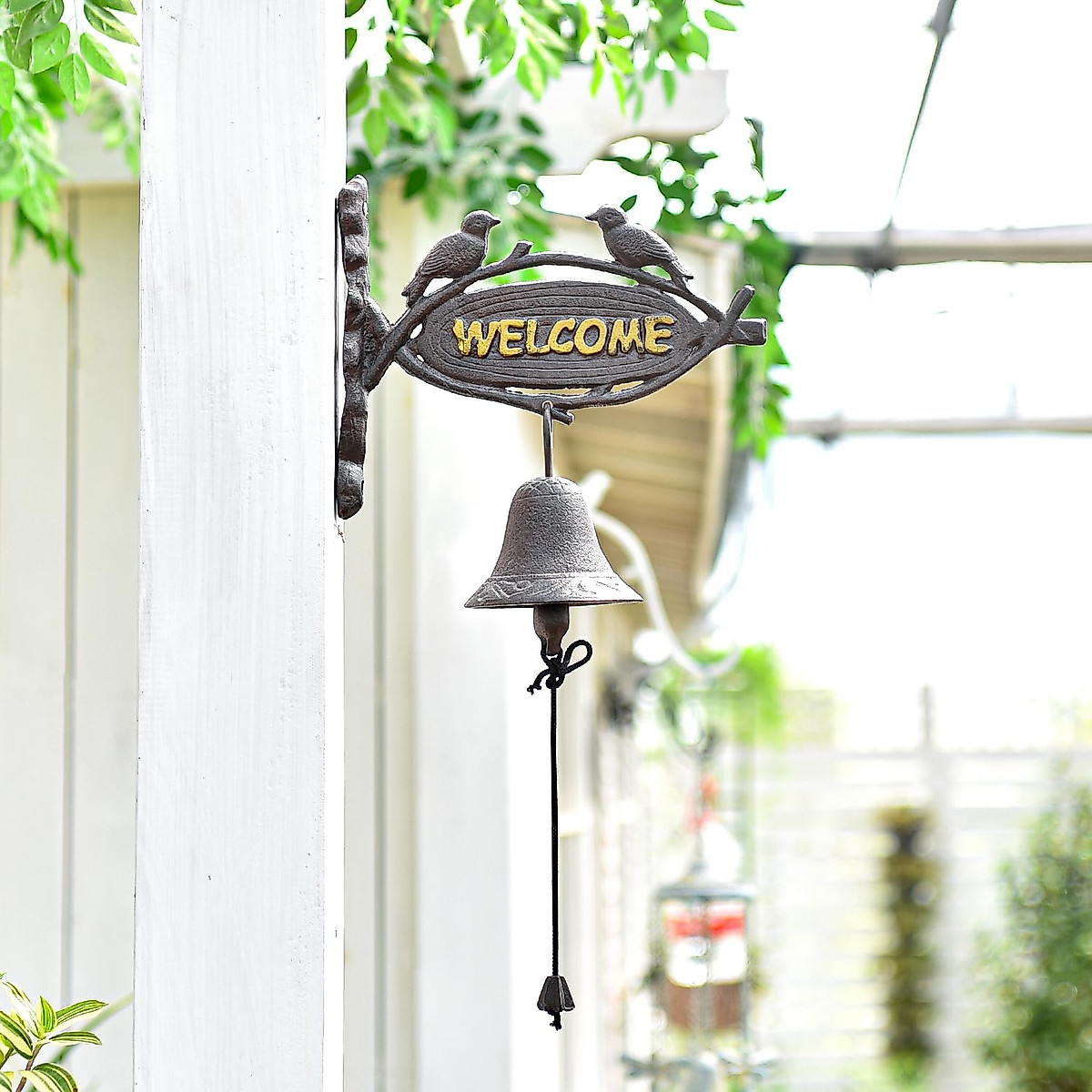 Sungmor Heavy Duty Cast Iron Wall Hanging Bell Welcome Sign - Decorative Retro Style Lovely Birds Manually Shaking Doorbell - Indoor Outdoor Wall Mounted Dinner Bell - Garden Home Wall Art Decoration
