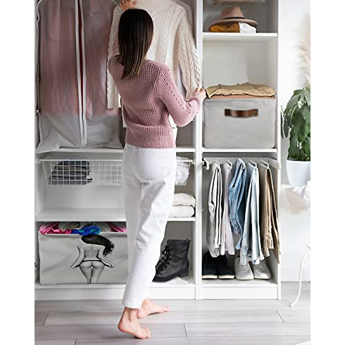 Naked Girl Cube Storage Organizer Bins with Handles, 15x11x9.5 Inch Collapsible Canvas Cloth Fabric Storage Basket, Sexy Beauty Grey Modern Art Books Kids' Toys Bin Boxes for Shelves, Closet