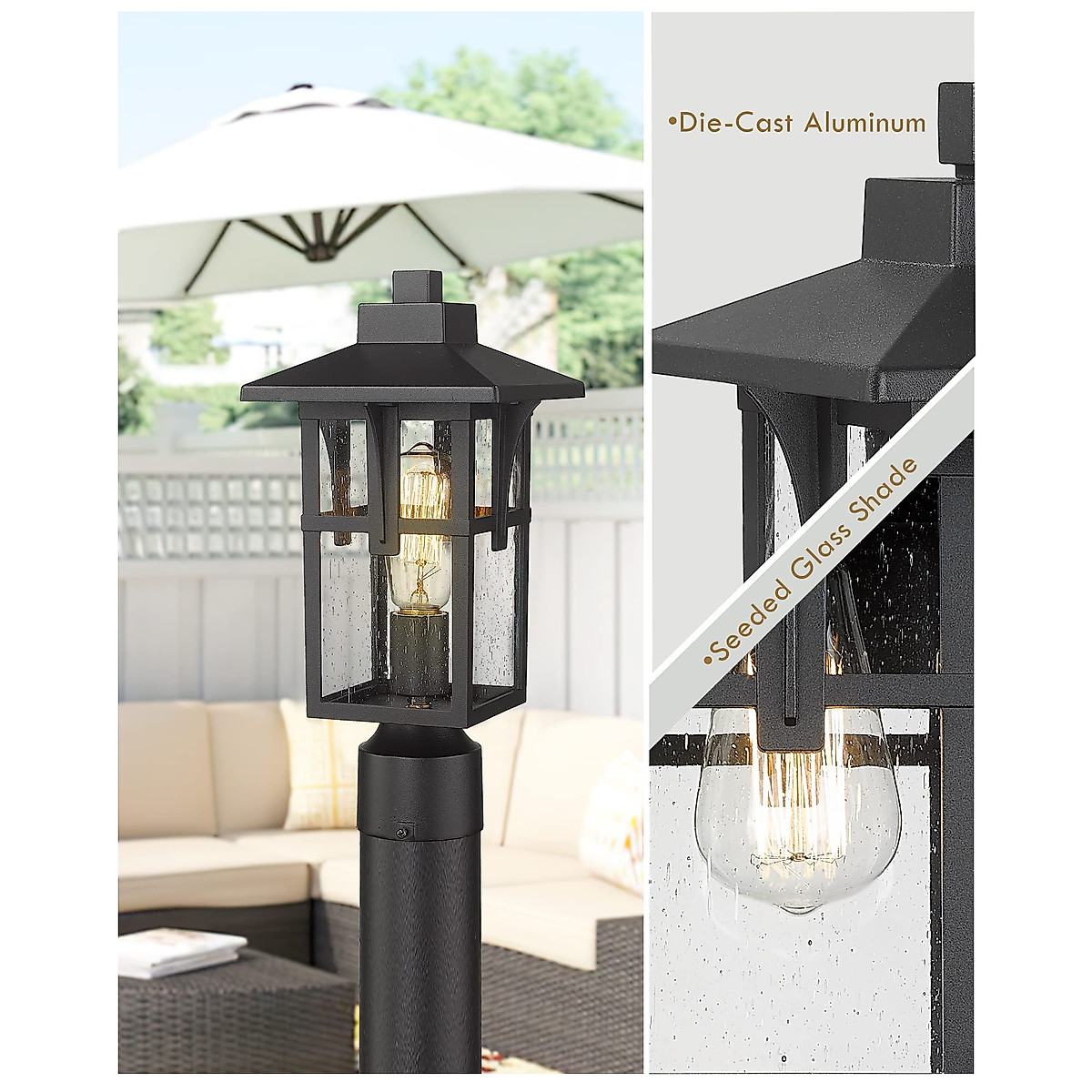 Exterior Post Light, HWH Outdoor Pole Lantern Pillar Light Fixture with Seeded Glass Shade, Matte Black Finish, 5HX62P BK