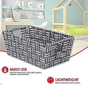 Home Basics Stripe Woven Strap Storage Bin | Various Black | Blue | Brown | Grey | Great for Storage | Metal Frame | Lightweight with Handles | Sturdy Construction (Grey, Small)