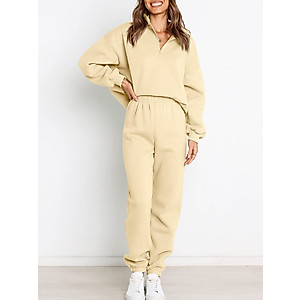 Prinbara Women 2 Piece Outfits Sweat Set 2024 Fall Oversized Sweatshirts Jogger Sweatpants Lounge Sets Tracksuit Khaki Small