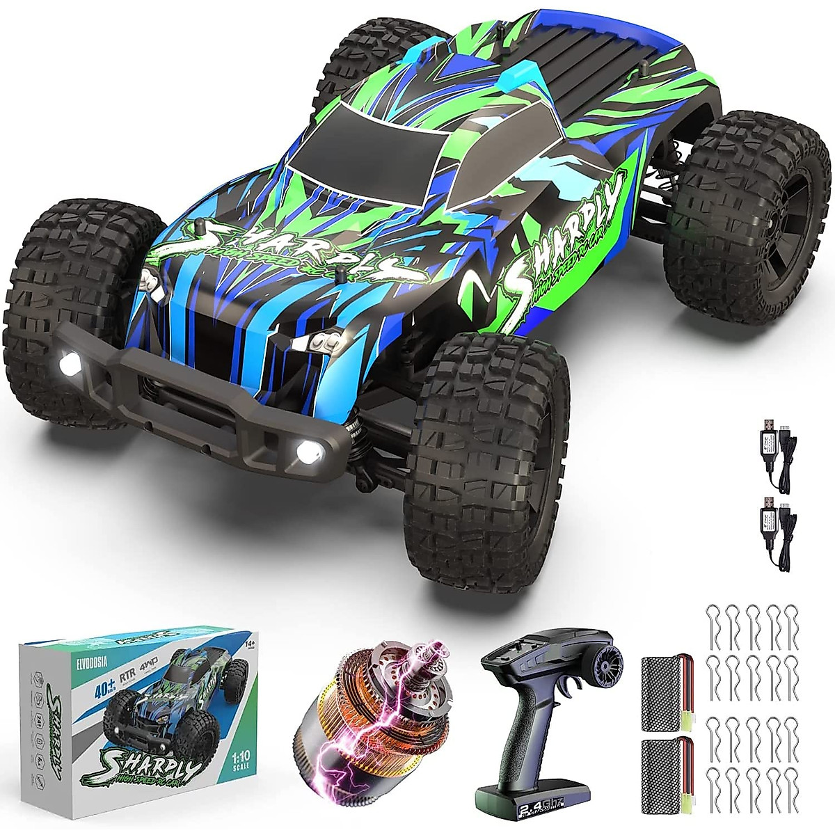 Elvodosia Rc Remote Control Cars Trucks, 1/10 Scale Hobby 4x4 Offroad Cars for Adults[30+ KMH][Double Batteries+Charger][2.4 Ghz Controller],Monster Rc Cars Toys for Adult,Kid Boy Age 8-12