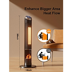 38'' Space Heater, Portable Electric Heater for Indoor Use, 1500W Ceramic Tower Heater with 3D Flame Effect, Adjustable Thermostat, 80° Oscillation, Safety Protection for Office Bedroom Home (Black)
