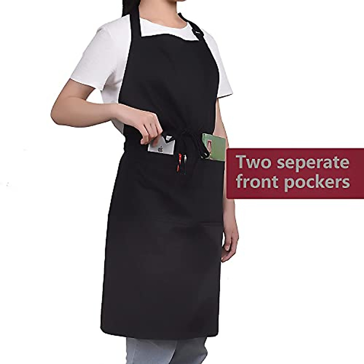 WOPOKY Cotton Blend Waterproof Apron With 2 Pockets for Men Women - Cooking Kitchen Chef Arpon BBQ Work Painting Apron - Black/Burgundy/Dark Geen/Orange (1 Pack) (Black)