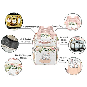 Cute Pink Elephant Girl Floral Personalized Diaper Backpack with Name,Custom Travel DayPack for Nappy Mommy Nursing Baby Bag One Size