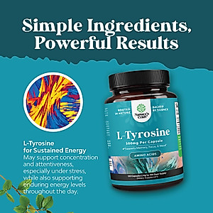 Free Form L Tyrosine 500mg Capsules - High Strength L-Tyrosine Supplement for Mental Energy and Focus Support - Amino Acid Nootropic Supplement for Mood Focus Attention and Cognitive Performance