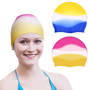 Swim Cap, 2 Pack Durable Silicone Swimming Caps for Kids Girls Boys Youths (Age 4-25), Waterproof Kids Swim Caps, Comfortable Fit for Long Hair and Short Hair Adults Youth Universal Swimming Caps