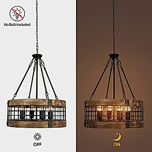 ACNKTZ Farmhouse Rustic Chandelier Light Fixture, 4-Light Round Hanging Pendant Lighting for Dining Room Entryway Kitchen Island Foyer Breakfast Area, Black Wood and Black Metal Finish