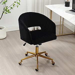 ABET Desk Chair with Wheels, Velvet Home Office Chair, Swivel Armchair Gold Base, Upholstered Modern Accent Chairs, Back Incline Adjustable for Living Room Bedroom Vanity, Black