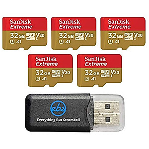 32GB SanDisk Extreme (Five Pack) 4K Micro Memory Card (SDSQXAF-032G-GN6MN) UHD Video Speed 30 UHS-1 V30 32G MicroSD HC Bundle with (1) Everything But Stromboli Card Reader