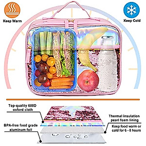 LBTING Lunch Box for Kids Girls, Insulated Glitters Star Lunch Bag Reusable Thermal Cooler Meal Tote for School Office Outdoor – Pink