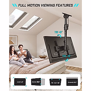 Greenstell Ceiling TV Mount with Power Outlet, TV Mount for 26-65 inch TVs, TV Ceiling Mount with 900J Surge Protection, Swivel, Tilt and 6 Height Adjustable, Max VESA 400x400mm, Holds up to 110Lbs