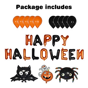 Happy Halloween Party Decorations, Melsan Halloween Banner Black and Orange Balloons, Spider, Bat, Pumpkin with Ghost Balloons - Perfect Halloween Party Supplies for Kids and Adults
